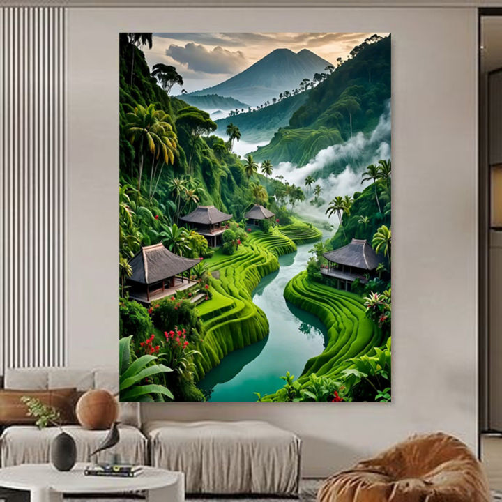 HIASAN DINDING/POSTER CETAK PEMANDANGAN DESA DIBAWAH GUNUNG TEPI SUNGAI ...