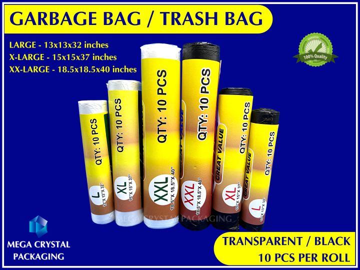 [ 10 Pcs. Per Roll ] Secure Garbage Bag Trash Black / Transparent Large ...
