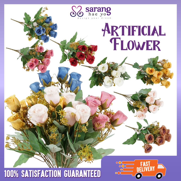 1 Bush Artificial Rose Flower Flower Home Decoration / Bunga Hiasan ...