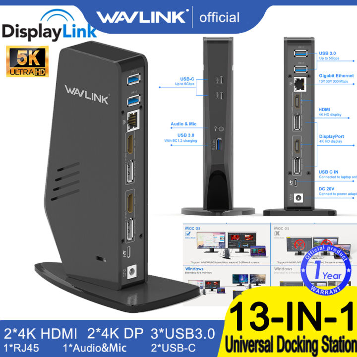 WAVLINK 13-In-1 Universal 5K Laptop Docking Station, Displaylink 4k Dual HDMI And Displayport ...