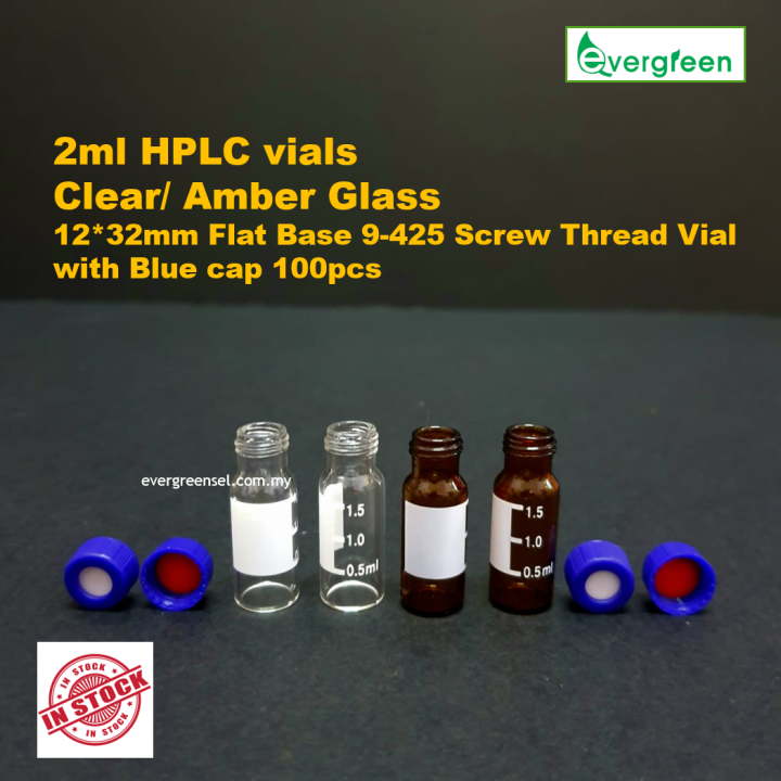 ( READY STOCK ) 2ml HPLC vials Clear / Amber Glass 12*32mm Flat Base 9-425 Screw Thread with ...