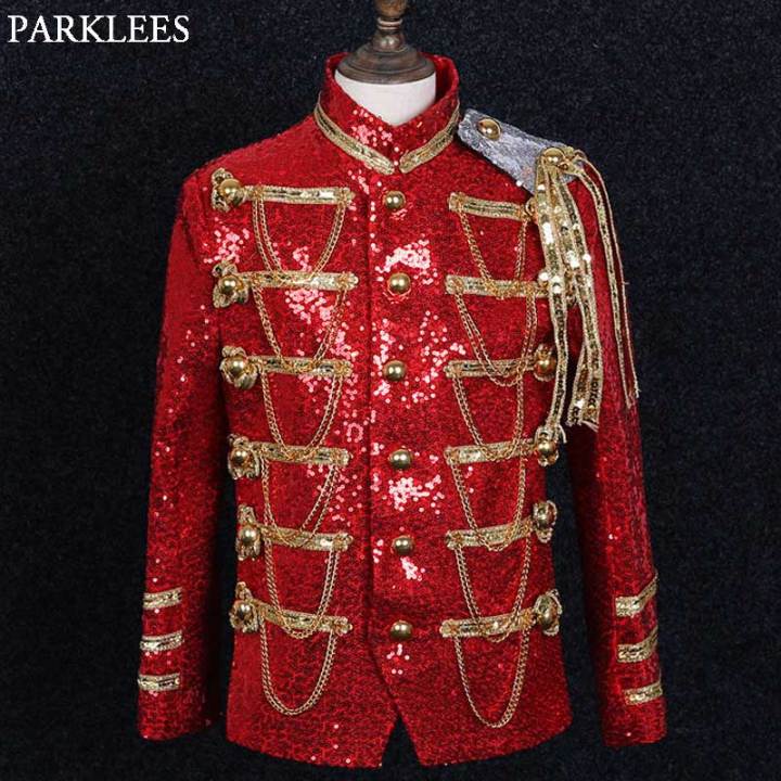 Mens Red Sequin Embellished Military Drummer Jacket Punk Gothic Parade ...