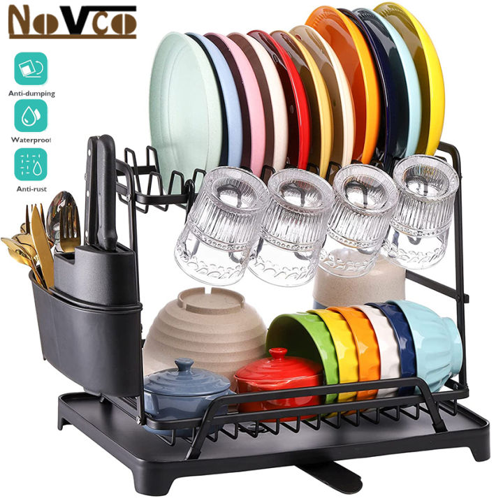 Novco 2-Tiered Dish Drying Rack with Drainboard, Aluminum Rustproof ...