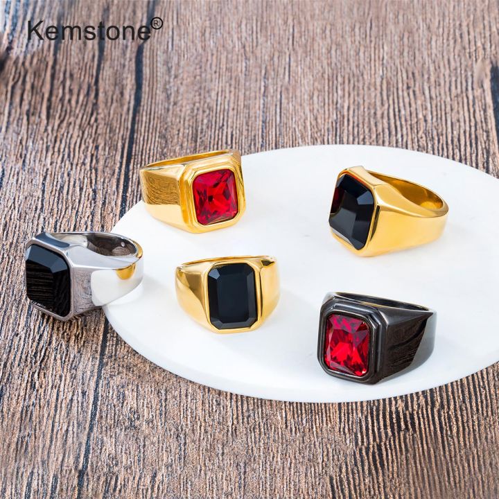 Kemstone Fashion Simple Stainless Steel Onyx Stone Ring for Men's ...