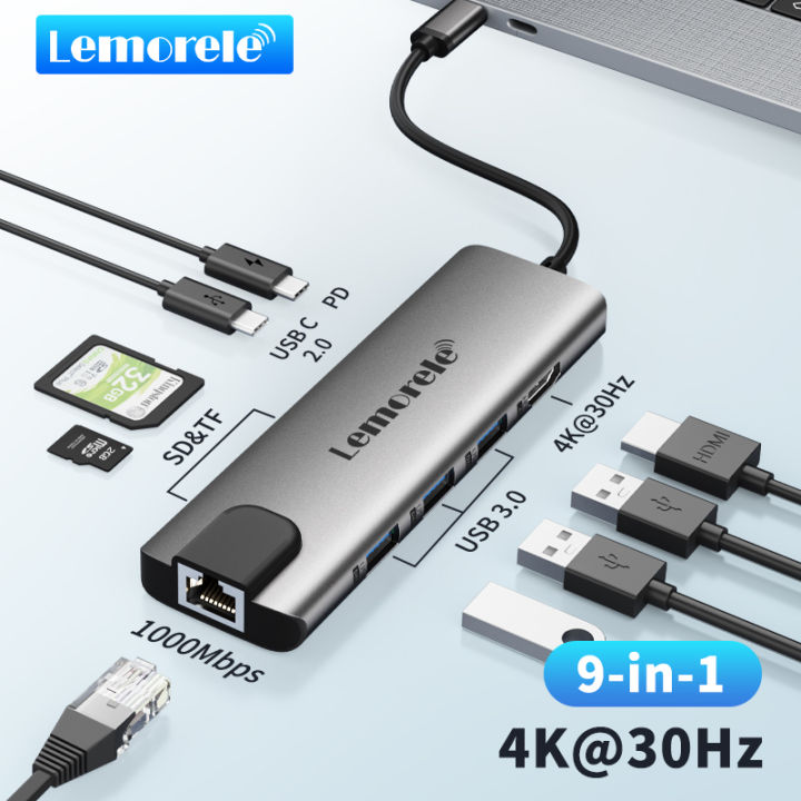 Lemorele TC39 USB C Hub 9 in 1 Gbps Ethernet 4K HDMI 100W PD 3 USB-A SD/TF USB data USB C ...