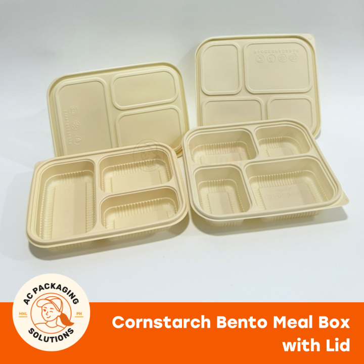 (10 pcs/50 pcs) Cornstarch Bento Meal Box with Lid - 3 Compartment and 4 Compartment | Lazada PH
