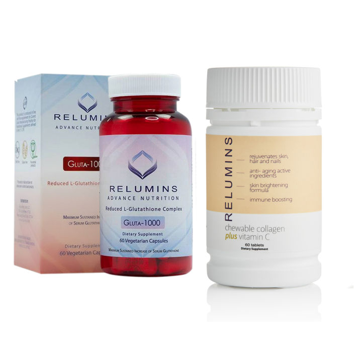 Relumins Gluta 1000 ( 60 CAPSULES ) and Relumins Collagen Chewable ( 30 ...