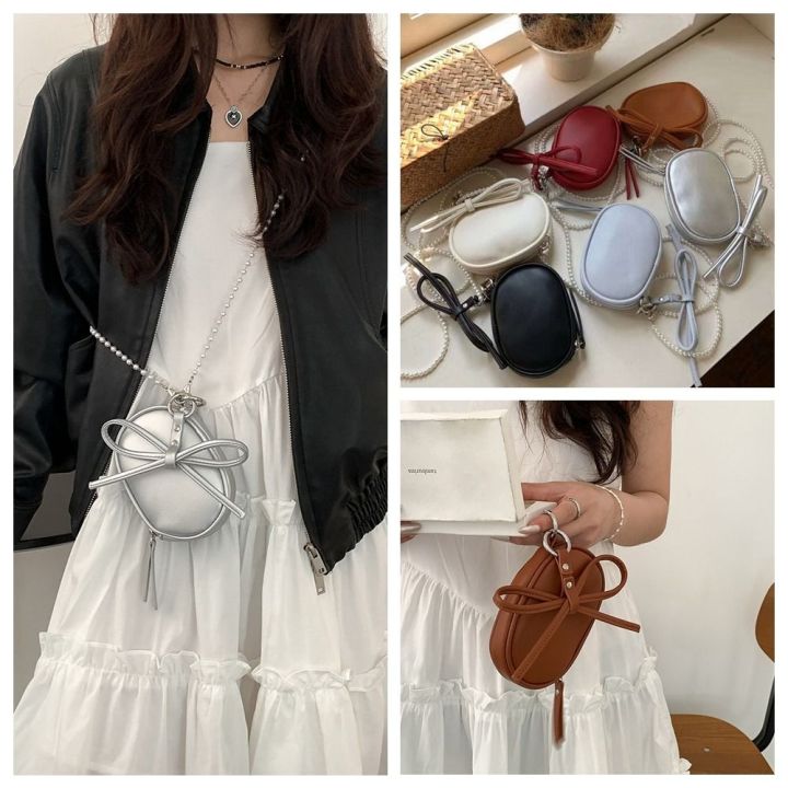 Wpot Bowknot Pearl Chain Crossbody Bag Silver Korean Style Bow Shoulder