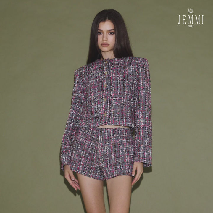 JEMMIDORIS เสื้อครอปเบลเซอร์ผ้าทวีต-รุ่น Albi blazer grey tweed ...