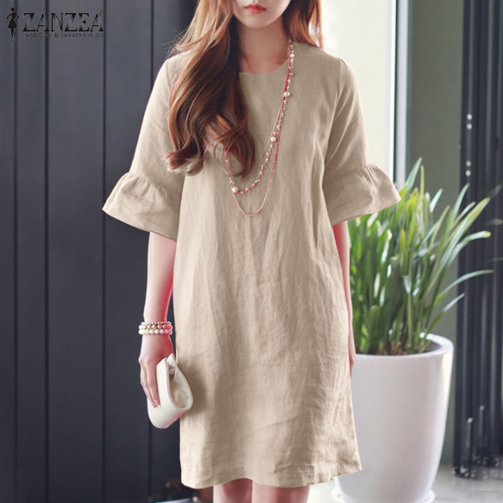Zanzea Korean Style Womens Dresses Cotton Flare Short Sleeve Loose