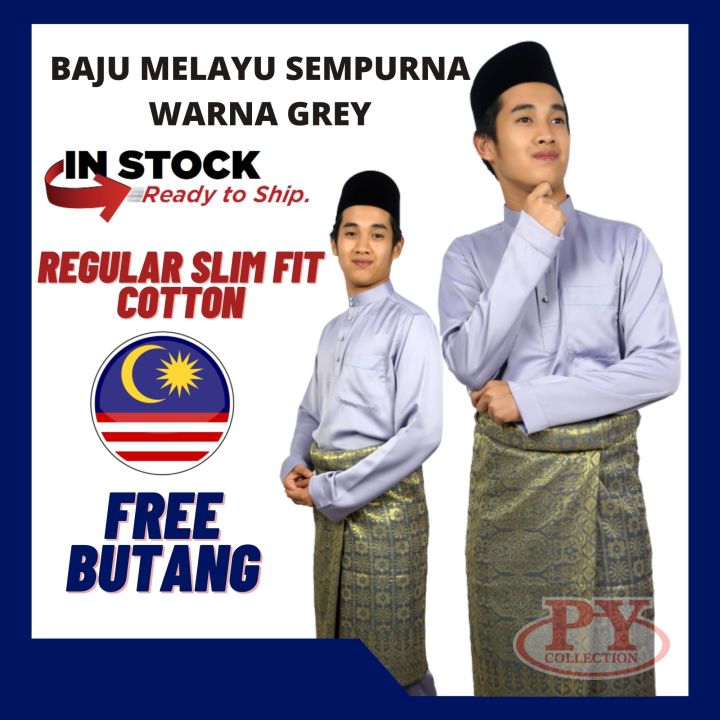 S003 -SLIM FIT BAJU MELAYU COTTON SEMPURNA DEWASA - GREY ( Regular Slim ...