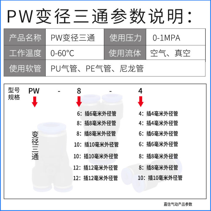 Y-shaped reducing tee PW12-10 PW10-8 PW8-6 PW6-4 for quick insertion and quick connection of ...