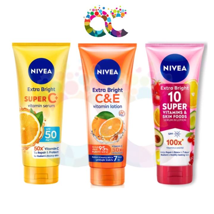 NIVEA Body Extra Bright - 10 Super Vitamins Serum in Lotion/C&E Vitamin Lotion/Super C+ Vitamin ...
