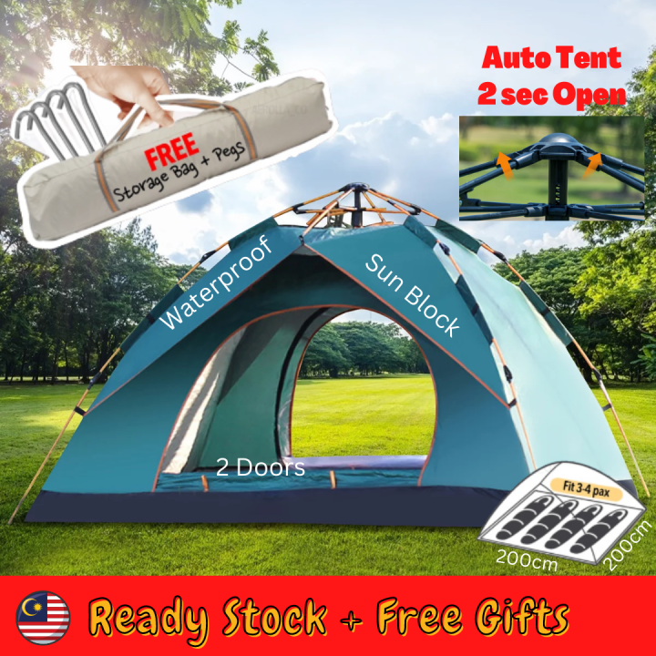 Khemah Camping Tent 3/4 Person 2 Sec Pop Up Tent Khemah Tent Camping ...