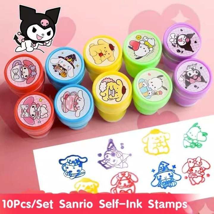 10 Pieces/set of Sanrio Self-Ink Stamps Cute Hello Kitty Kuromi Melody ...