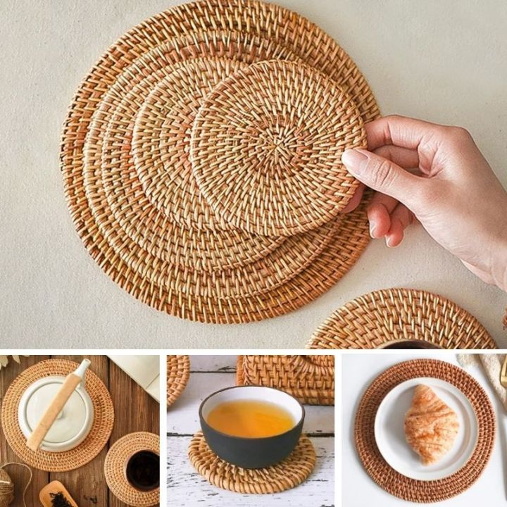 2Pcs Cup Mat Round Natural Rattan Hot Pad ,Hand Woven Hot Insulation ...