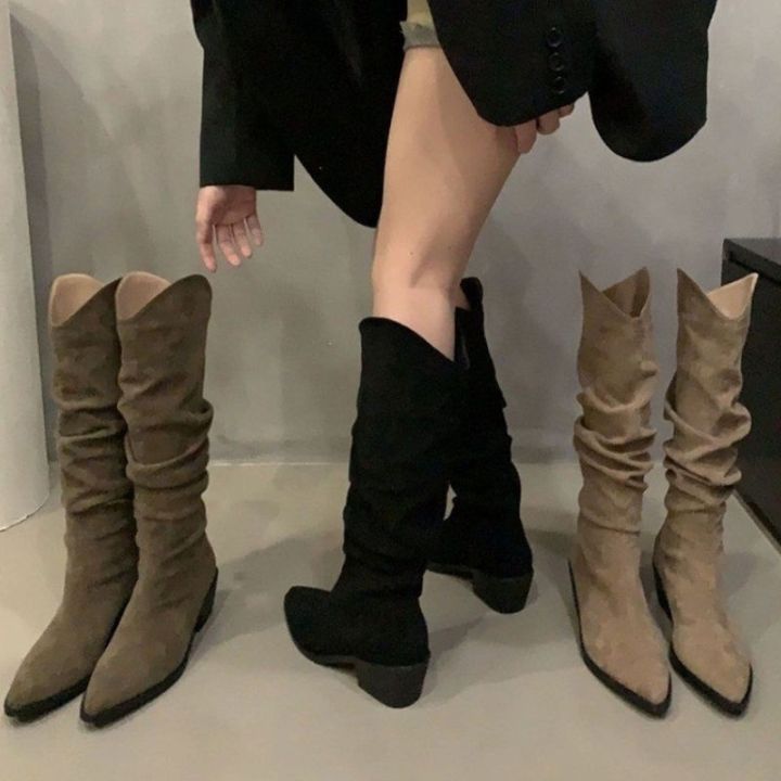 French retro brown slim pile boots cowboy high women's khaki | Lazada