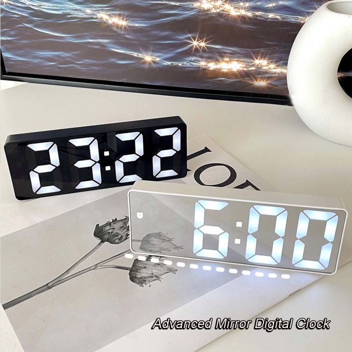 Japanese simple black and white mirror LED digital clock sound control ...