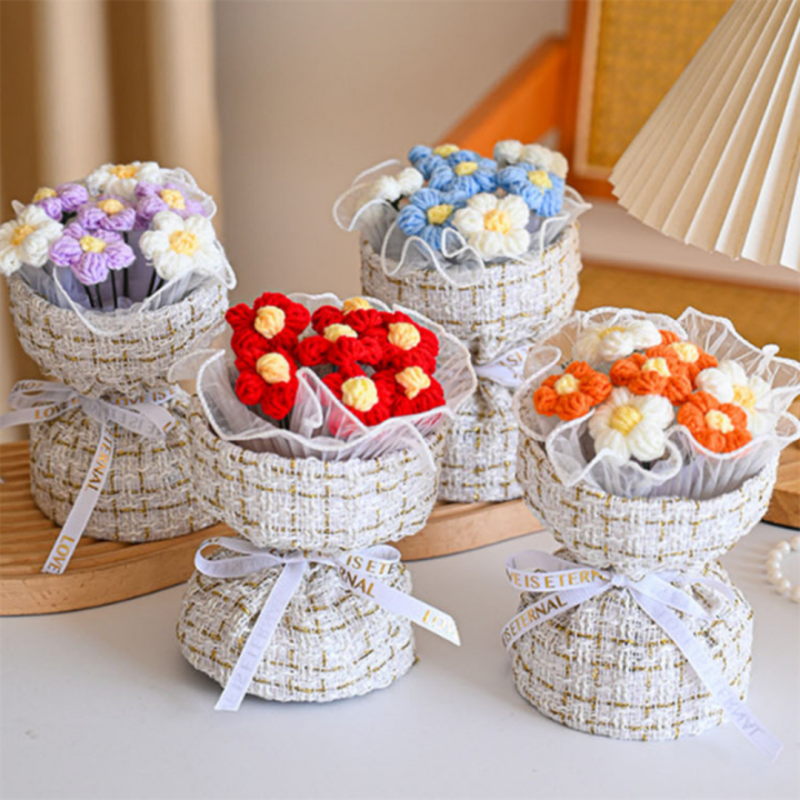 Decorative Crochet Flowers Soft Wool Knitted Flower Bouquet Handmade ...