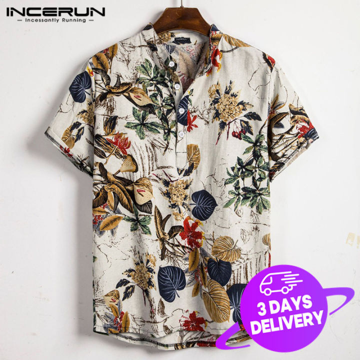 (3 Days Delivery) INCERUN Mens Floral Print Short Sleeve Button Up Tops ...