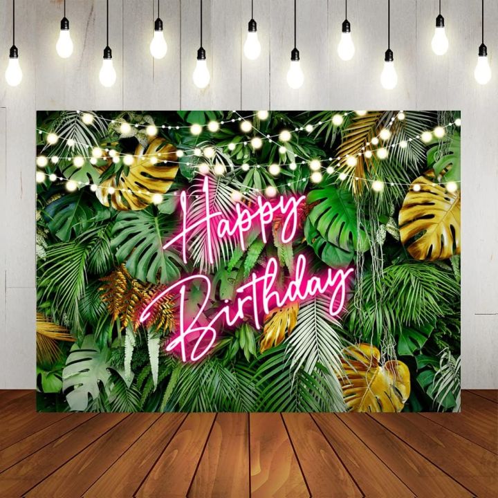 5x3ft Hawaiian Tropical Aloha Palm Leaves Happy Birthday Backdrop Pink ...