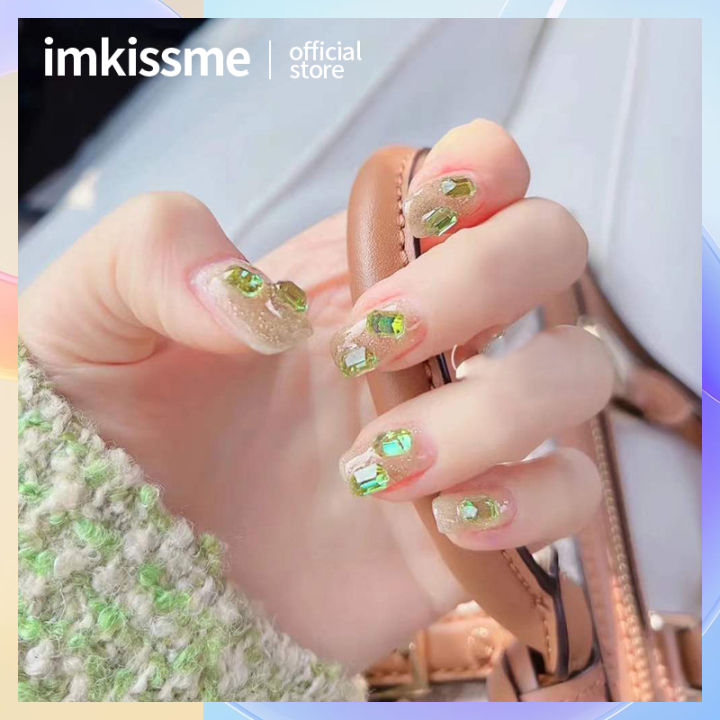 24Pcs false nails short Green Solid Color with Gold Foil and Shell 3D ...