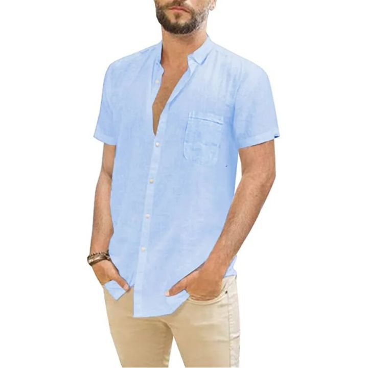 Cotton Linen Hot Sale Mens Short Sleeved Shirts Summer Solid Color