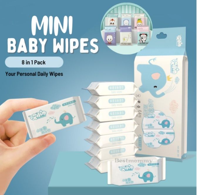 8 in 1 Baby Mini Wipes Travel Pouch Cleansing Baby Wipes Water Based ...