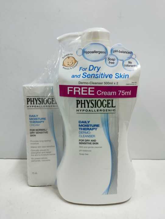 Physiogel Hypoallergenic Daily Moisture Therapy Dermo-Cleanser 150ml / 500ml x2 + Cream 75ml Exp ...