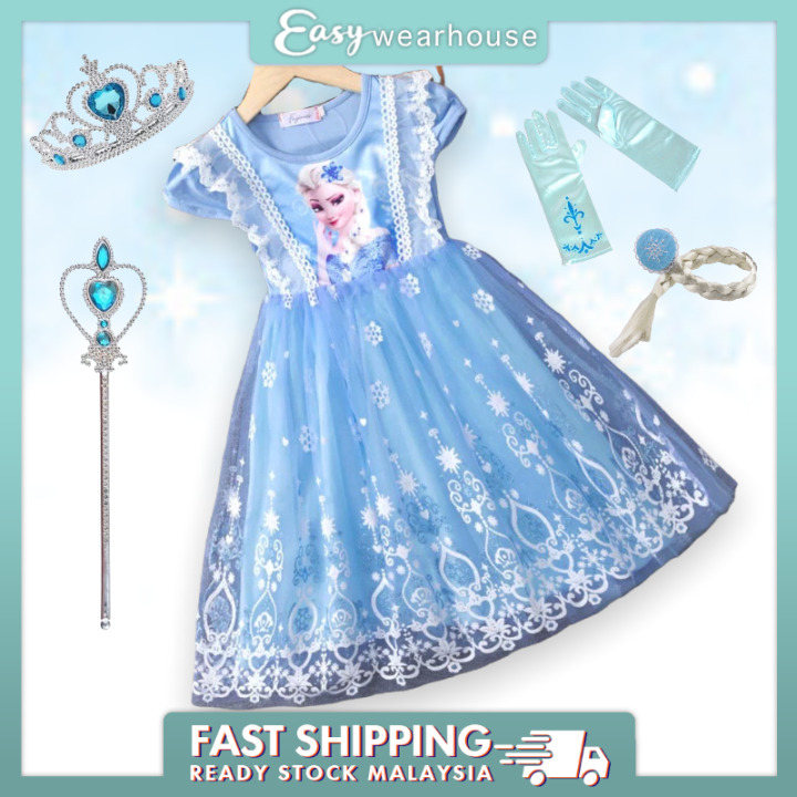 EASY WEARHOUSE Girls Princess Frozen Elsa Dress Baju Raya Budak 2024 ...