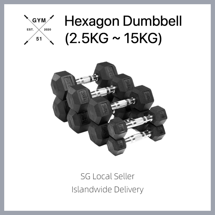 Hexagon Dumbbell / Hex Rubber Dumbbell with Steel Handles (2.5KG - 15KG ...