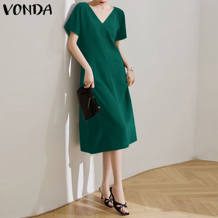 VONDA Women Business V Neck Short Sleeved Dress Office Solid Color Midi ...