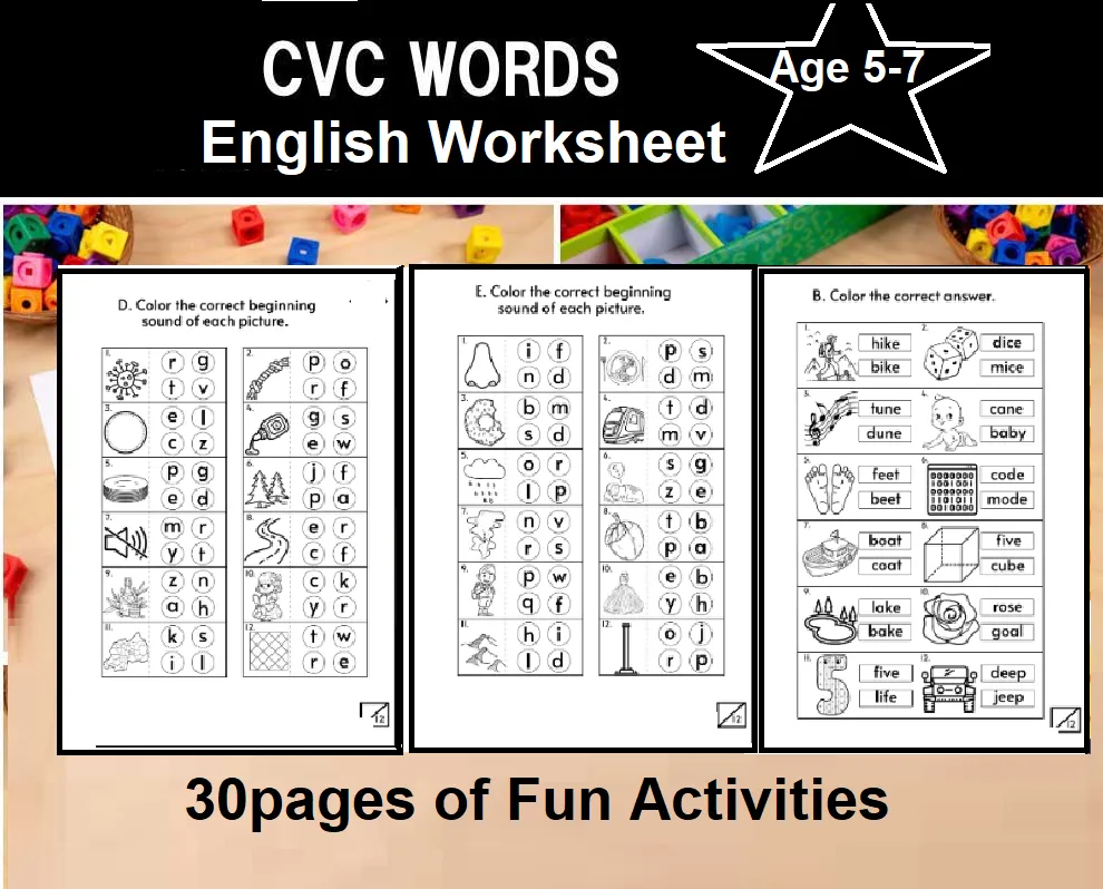 Phonics CVC Words English worksheet long vowel kids activities for ...