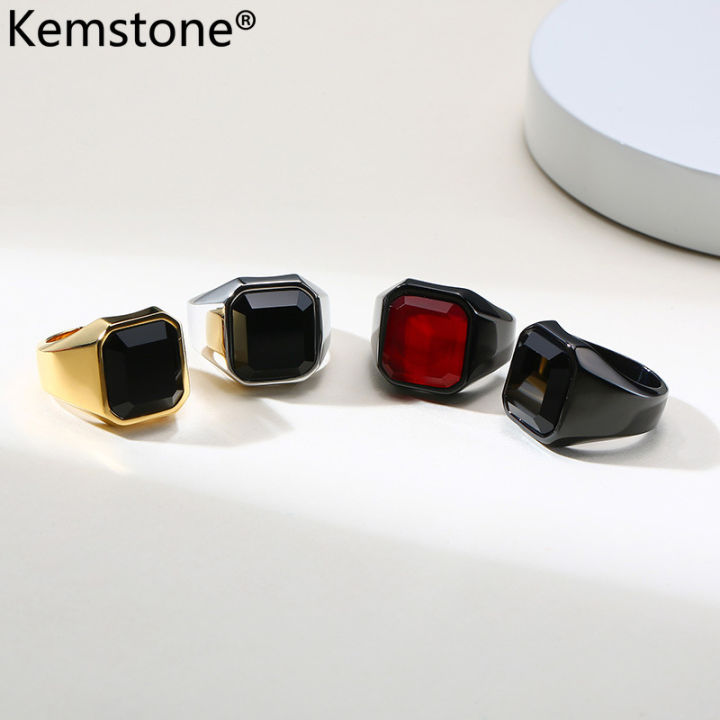 Kemstone Fashion Simple Stainless Steel Onyx Stone Rings for Men's ...