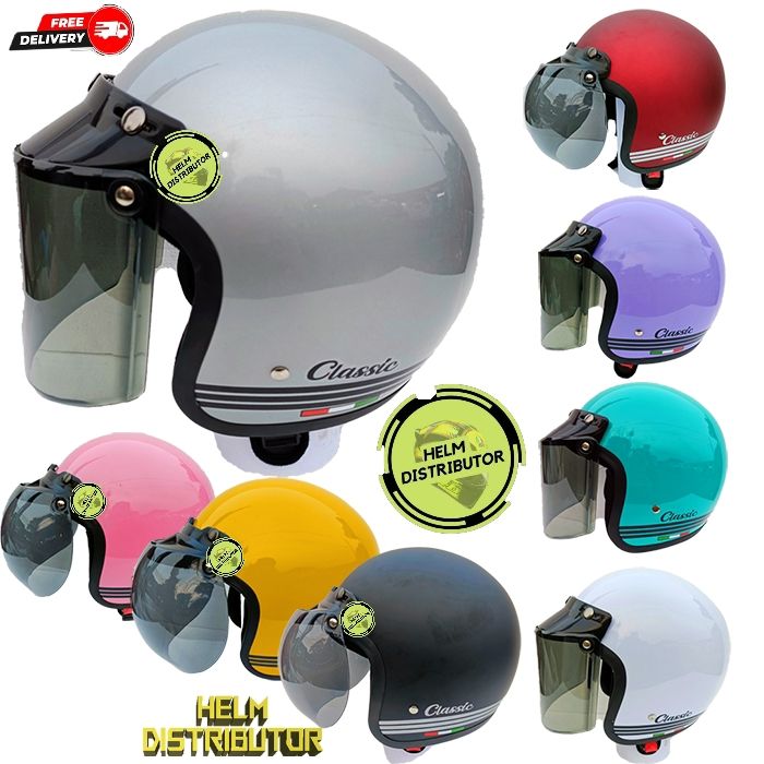 HELM BOGO CLASSIC DEWASA KACA DATAR DAN CEMBUNG HITAM BENING,PELANGI ...