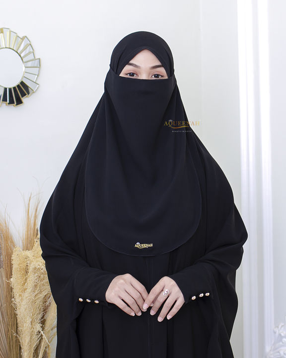 Aqueenah Cadar Tali Layer Oval Waliyah Premium Sifon Arabian Jetblack | Niqab Tali Exclusive ...