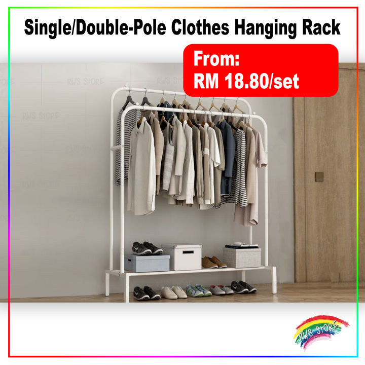 Single/Double-Pole Clothes Hanging Rack 单杠/双杠落地晾衣架 Rak Pengering ...