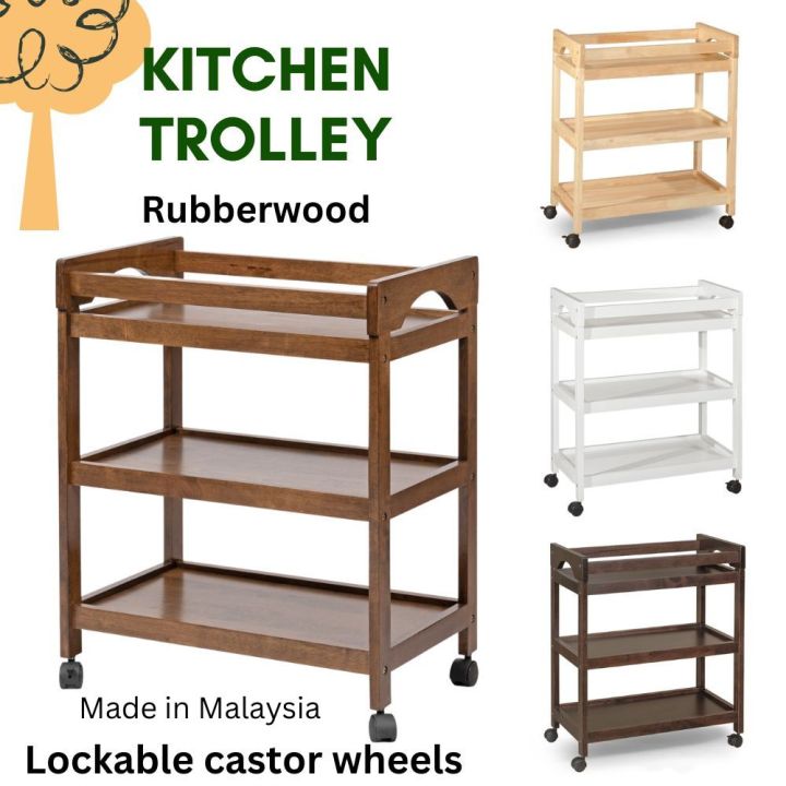 3 Tier Multi-Function Full Solid Rubberwood Kitchen Trolley Cart, Troli ...