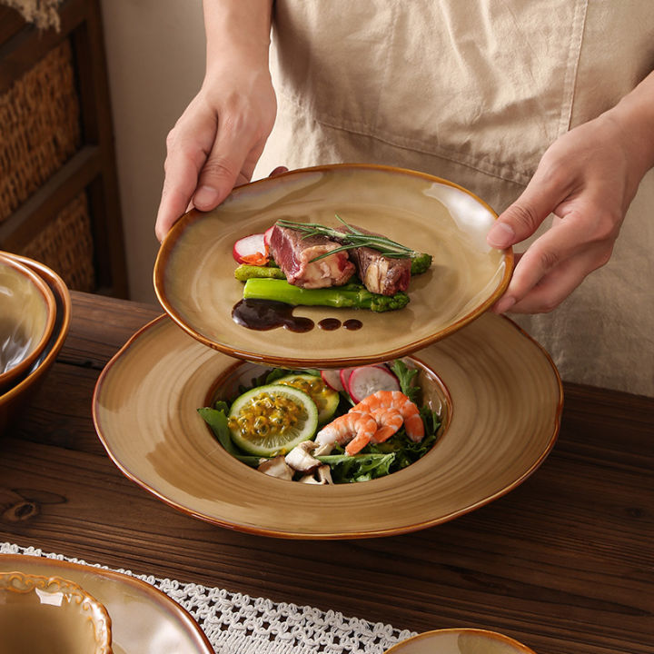 Kitchen Plus Japanese Vintage Caramel Glossy Style Ceramic Plate Set ...