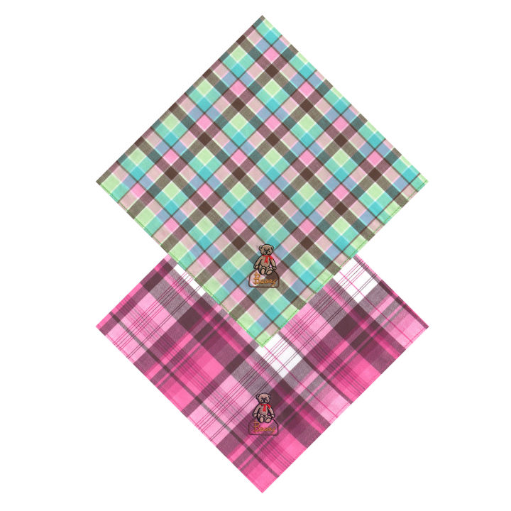 Caruso Bear-Embroidery on Checkered Handkerchief 17"x17" - set of 2 pcs ...