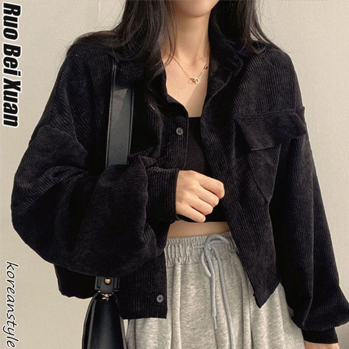 Ruo Bei Xuan แจ็คเก็ตสำหรับผู้หญิงที่เรียบง่าย Artsy ย้อนยุคผ้าลูกฟูก ...