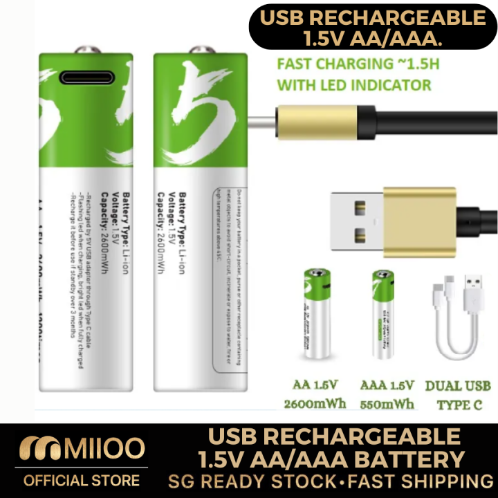 AA/AAA USB Type C Rechargeable 1.5V Lithium Ion Battery, High Capacity ...