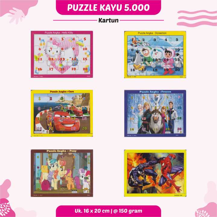 Puzzle Kayu Seri Angka Doraemon/Hello Kitty/Frozen/Pony/Spiderman/Cars ...