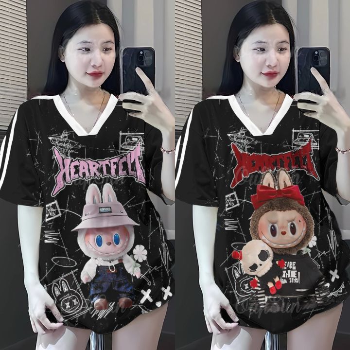Labubu women T-shirt short sleeve V neck top graphic print large size ...