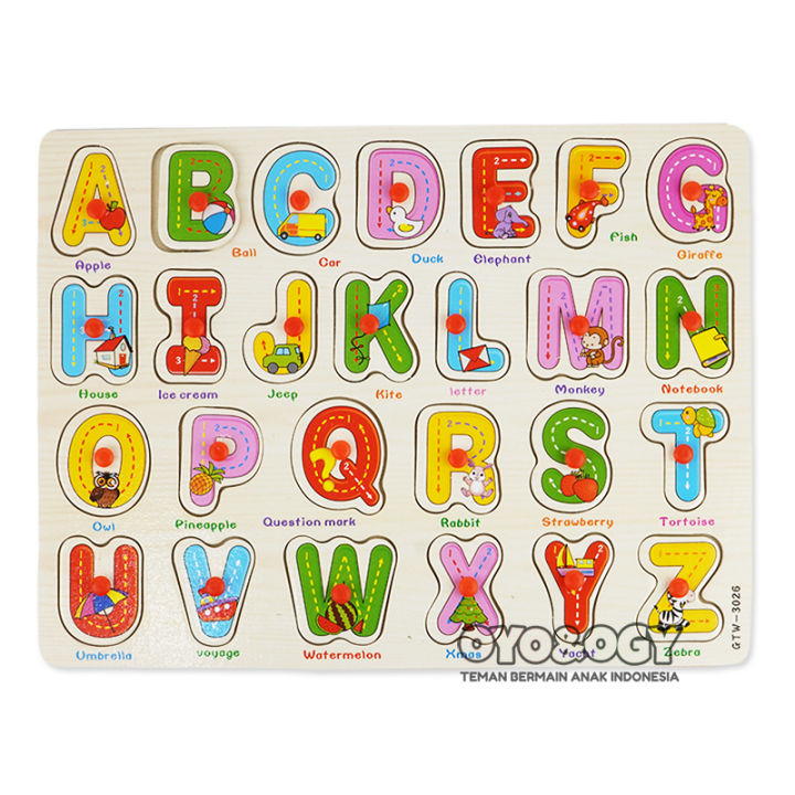 Mainan Edukasi Anak Wooden Puzzle Kayu Abjad Alphabet ABC Pin Knob ...