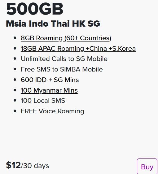 TPG / Simba $12 Prepaid Plan – 500 GB Local (SG/MY/ID/TH/HK), 8 GB ...