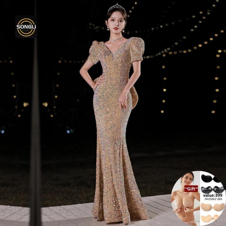 (New) Gold Evening Dress Gown For JS Prom Dress 2023 New Banquet Long ...