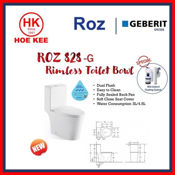 ROZ 828-G 1-PC Rimless Toilet Bowl with Geberit Flushing System ...