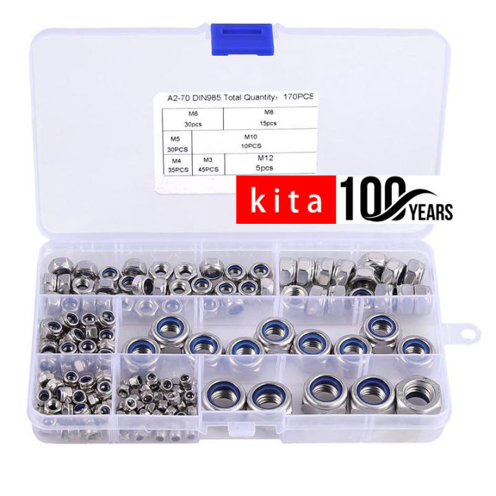 170Pcs Locknut ########### Nylon Lock Nut Assortment Kit M3 M4 M5 M6 M8 M10 M12 Nylon Insert 7 ...