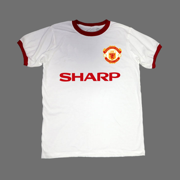 เสื้อยืดแขนกุ้นสไตล์วินเทจแนวเสื้อแข่งสโมสรฟุตบอลแมนยู(ปี 1986 SHARP) ใส่เที่ยวได้ เนื้อผ้านุ่มๆ ...